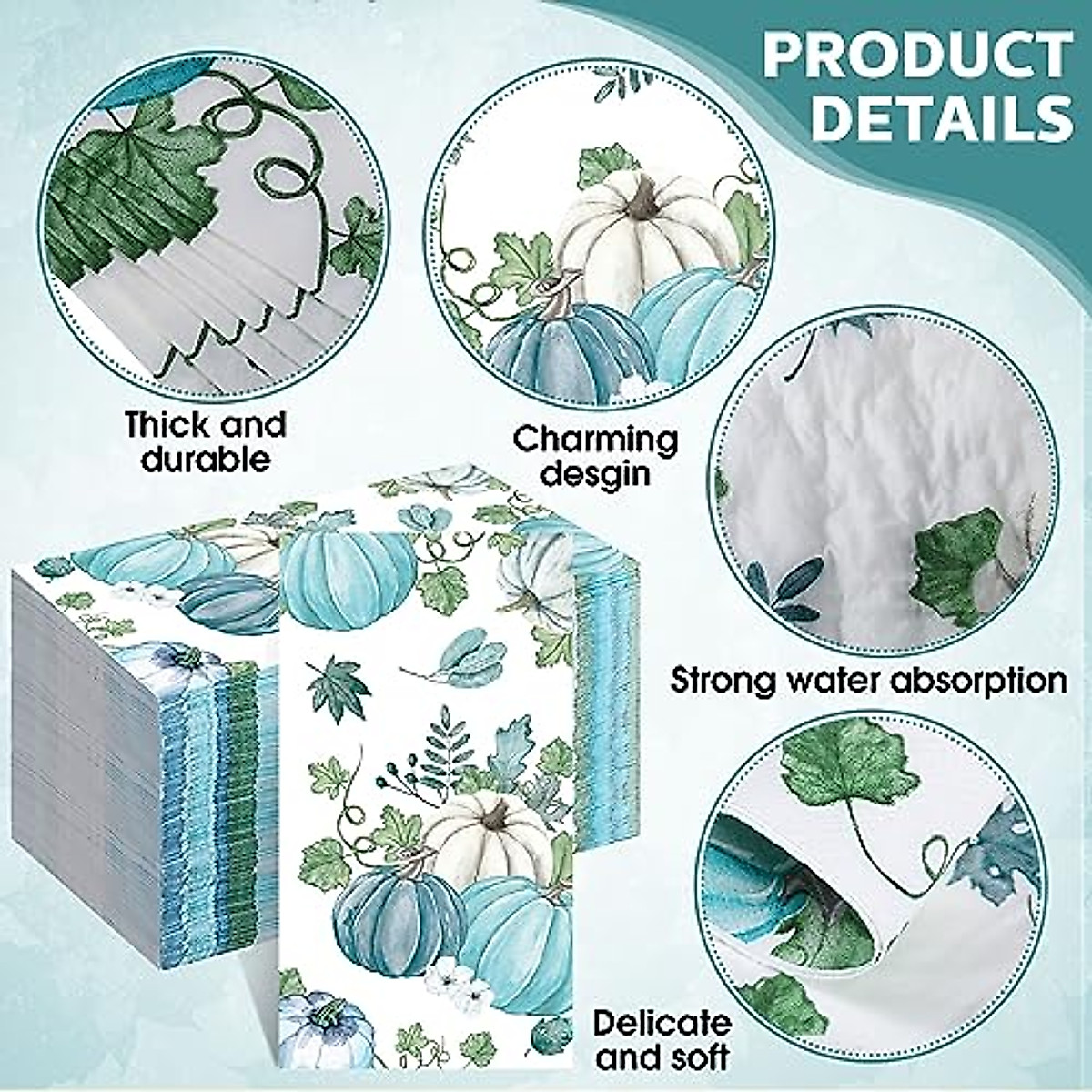 Qilery 200Pcs Thanksgiving Blue Pumpkins Napkins 3 Ply Fall Dinner Paper Guest Napkins Autumn Disposable Paper Napkins Hand Towels for Kitchen Thanksgiving Harvest Farmhouse Party or Event (Rectangle)