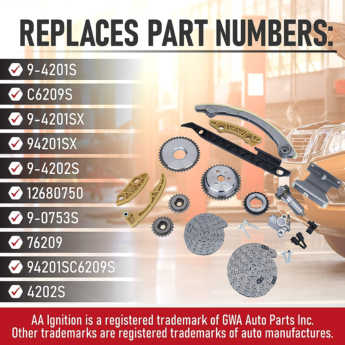 Engine Timing Chain Kit - Compatible with Buick, Chevy, GMC, Pontiac and Saturn - 2.0L, 2.2L, 2.4L - LaCrosse, HHR, Malibu, Terrain, G5, G6, Saab - Replaces 9-4201S, 12680750, 94201SX