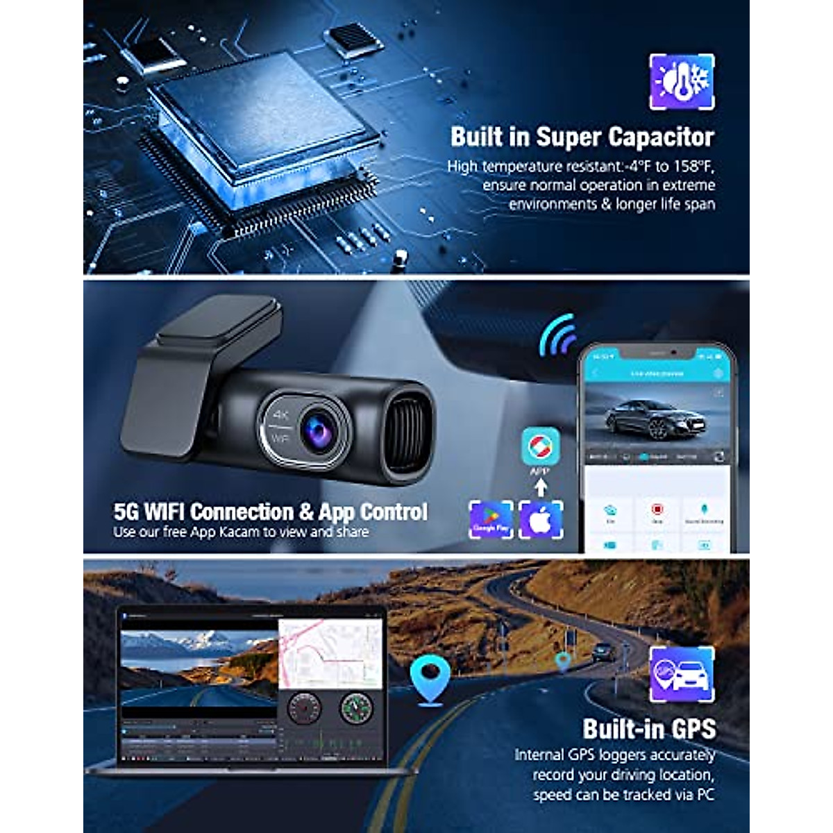 OMBAR Dash Cam Front and Rear 4K/2K/1080P+1080P 5G WiFi GPS, Dash Camera for Cars with Free 64G SD Card, Dual Dash Cam with WDR Night Vision, 24h Parking Mode,170°Wide, G-Sensor, Loop Recording, APP