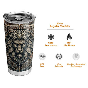 20oz Viking Celtic Warrior Lion Tumbler, Norse Mythology, Viking Gifts for Men, Coffee Thermos for Men, Stainless Steel Double Wall Vacuum Insulated Coffee Mug, Travel Cup with Lid