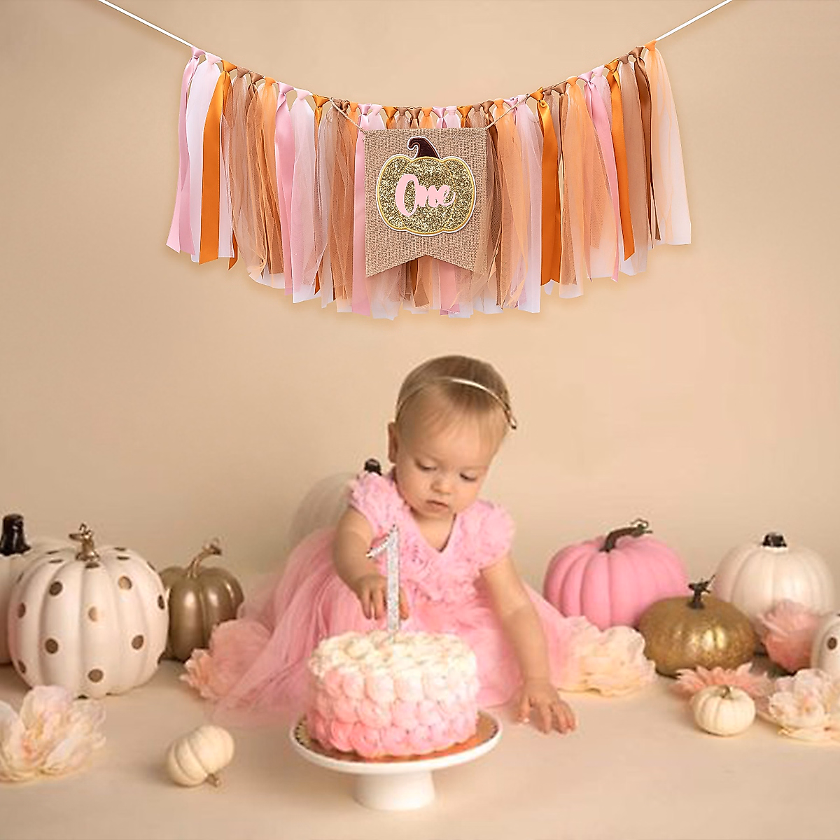 Gold Pumpkin Birthday High Chair Banner - Our Little Pumpkin Is Turning One HighChair Tutu Skirt Banner,Smash Cake Garland, 1st Birthday Photo Backdrop (Pumpkin TUTU)