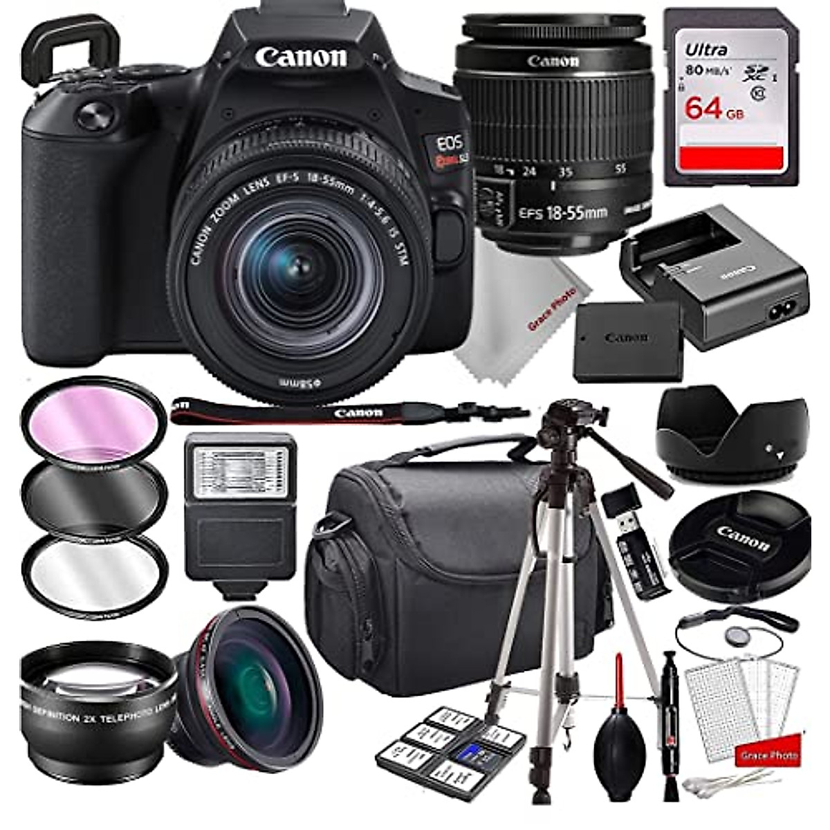Canon EOS Rebel SL3 DSLR Camera with 18-55mm is STM Zoom Lens Bundle + 64GB Memory, Case, Tripod, Extra Battery and More