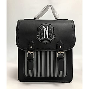 CLESUZ Wednesday Backpack Vintage Black Leather Backpack with Adjustable Shoulder Straps and Trendy Keychains Preppy Y2K Gothic Academy Backpack (GreyStripes)
