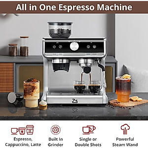 Professional Semi Automatic Espresso Maker With Grinder,Espresso Machine 20 Bar Coffee Machine Cappuccino Latte Maker With Milk Frother Steam Wand & 2.8L Water Tank (Silver with gun color plating)