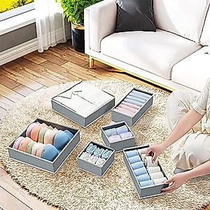 homsorout Sock Underwear Organizers, 6 Packs Drawer Organizers for Clothing, Foldable Dresser Drawer Organizer, Closet Organizers and Storage Bins for Socks, Bras, Underwear (Grey)