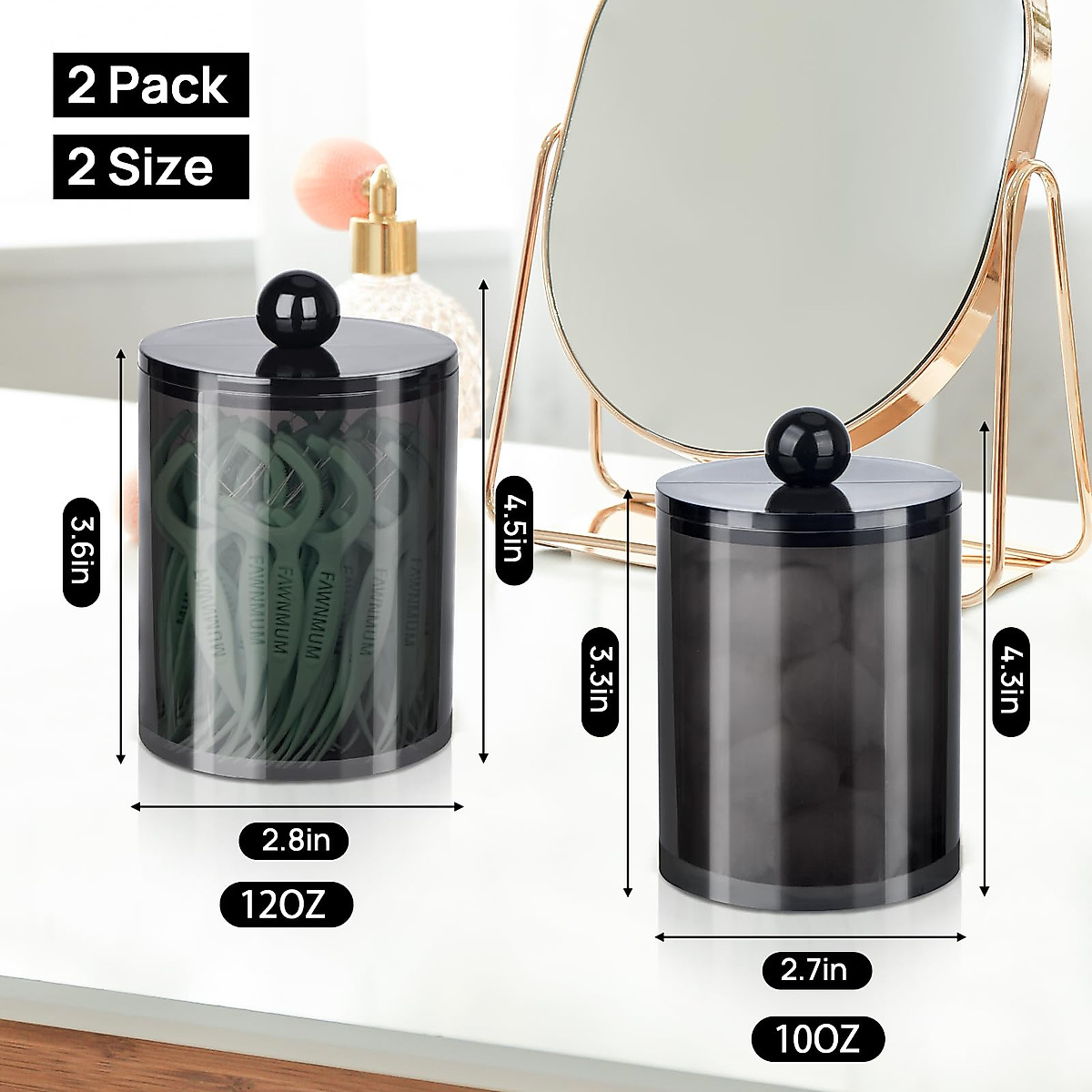 XIPENGKEJI 2 PACK Qtip Holder-10 oz, 12 oz, Qtip Holder Dispenser for Bathroom Canister Storage Organization, Vanity Makeup Organizer, for Cotton Ball, Cotton Swab, Cotton Rounds,Floss Picks.(Black)