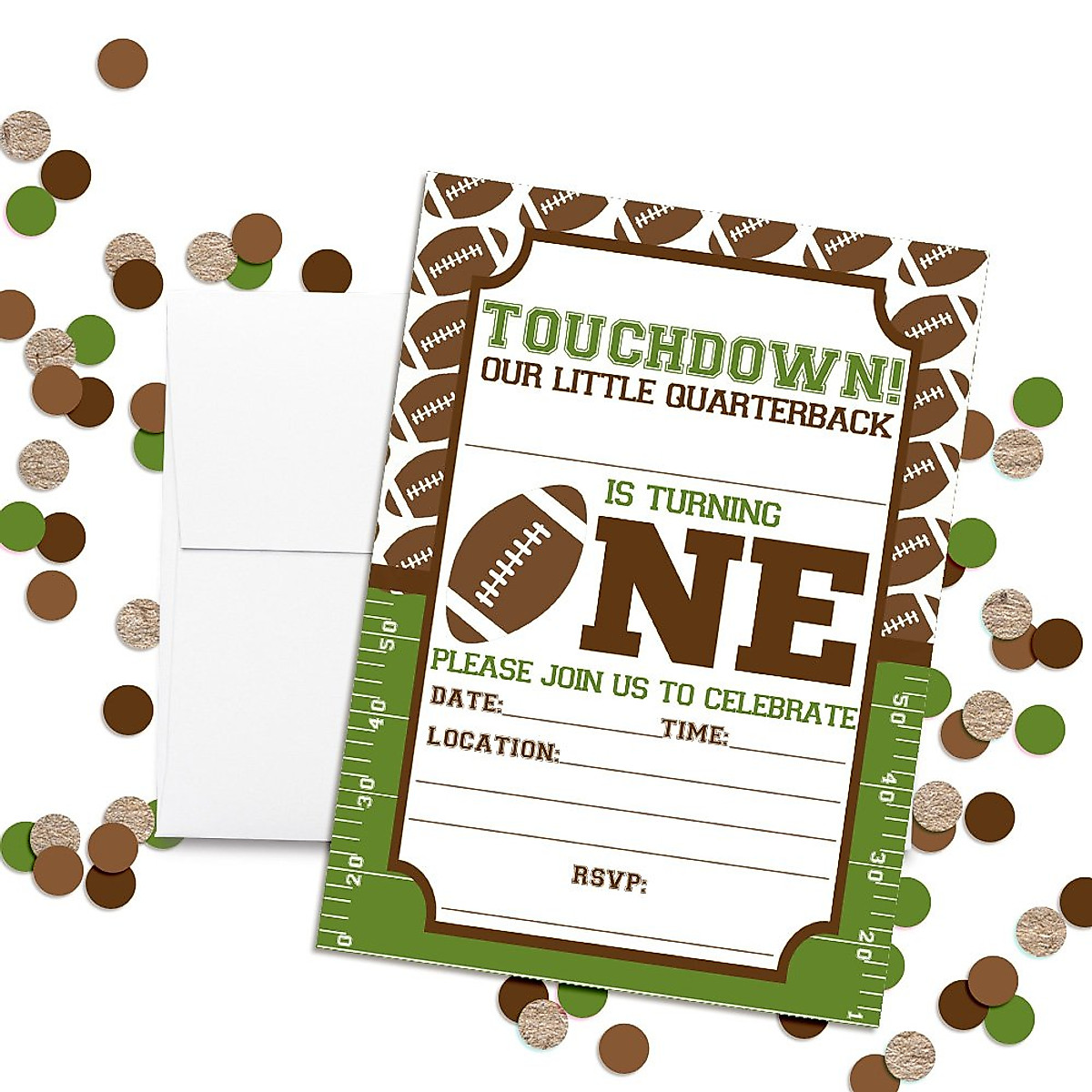 Touchdown Football First Birthday Party Invitations, 20 5x7 Fill In Cards with Twenty White Envelopes by AmandaCreation
