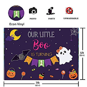 Funnytree Halloween 1st Birthday Party Backdrop Our Little Boo is Turning One Background for Baby Boys Girls First Birthday Night Pumpkin Cake Table Decorstions Banner Supplies 7x5ft