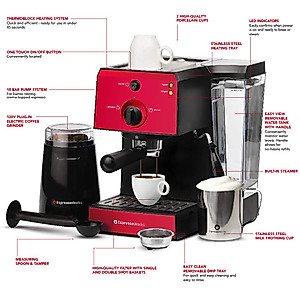 EspressoWorks All-In-One Espresso Machine with Milk Frother 7-Piece Set - Cappuccino Maker Includes Grinder, Frothing Pitcher, Cups, Spoon and Tamper - Coffee Gifts (Red)