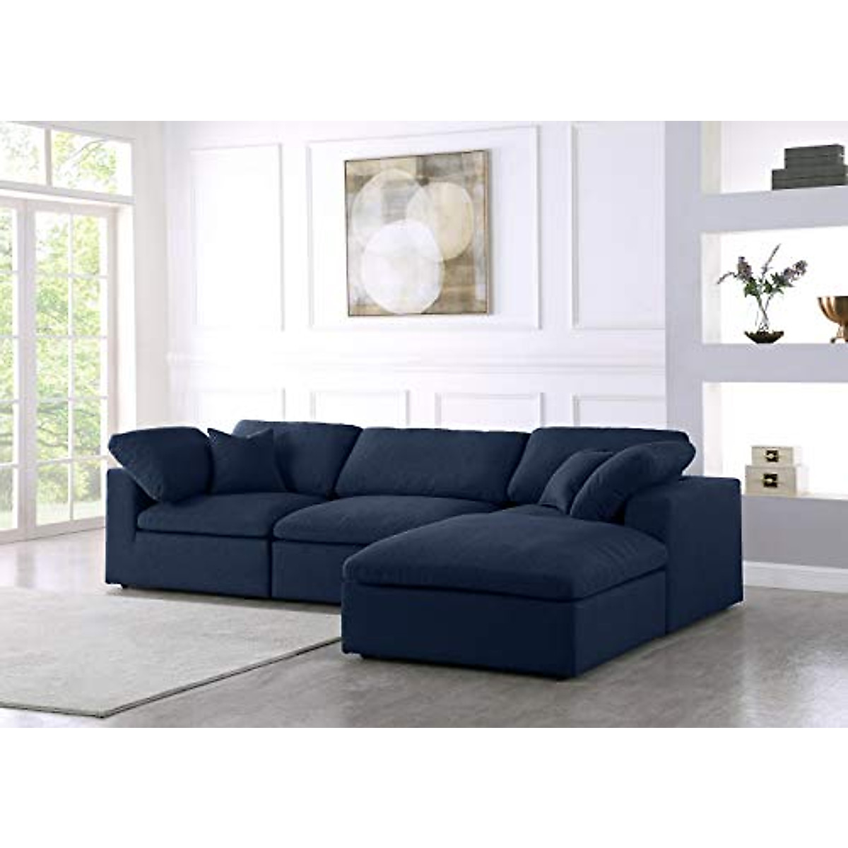 Meridian Furniture Serene Collection Modern | Contemporary Deluxe Comfort Modular Sectional, Soft Linen Textured Fabric, Down Cushions, 2 Corner + 1 Armless + 1 Ottoman, Navy
