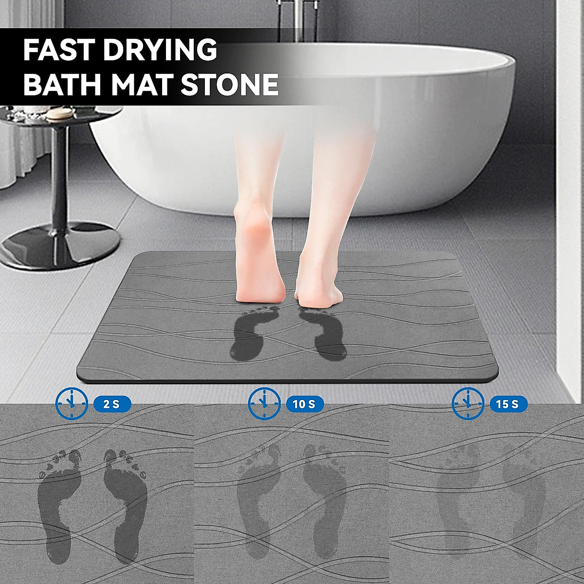 DIKENLAND Stone Bath Mat, Diatomaceous Earth Bath Mat Stone, Non-Slip Stone Shower Mat for Bathroom, Quick Drying Stone Bath Mat Large, Super Absorbent Bath Stone Mat 23.5" x 15.5"