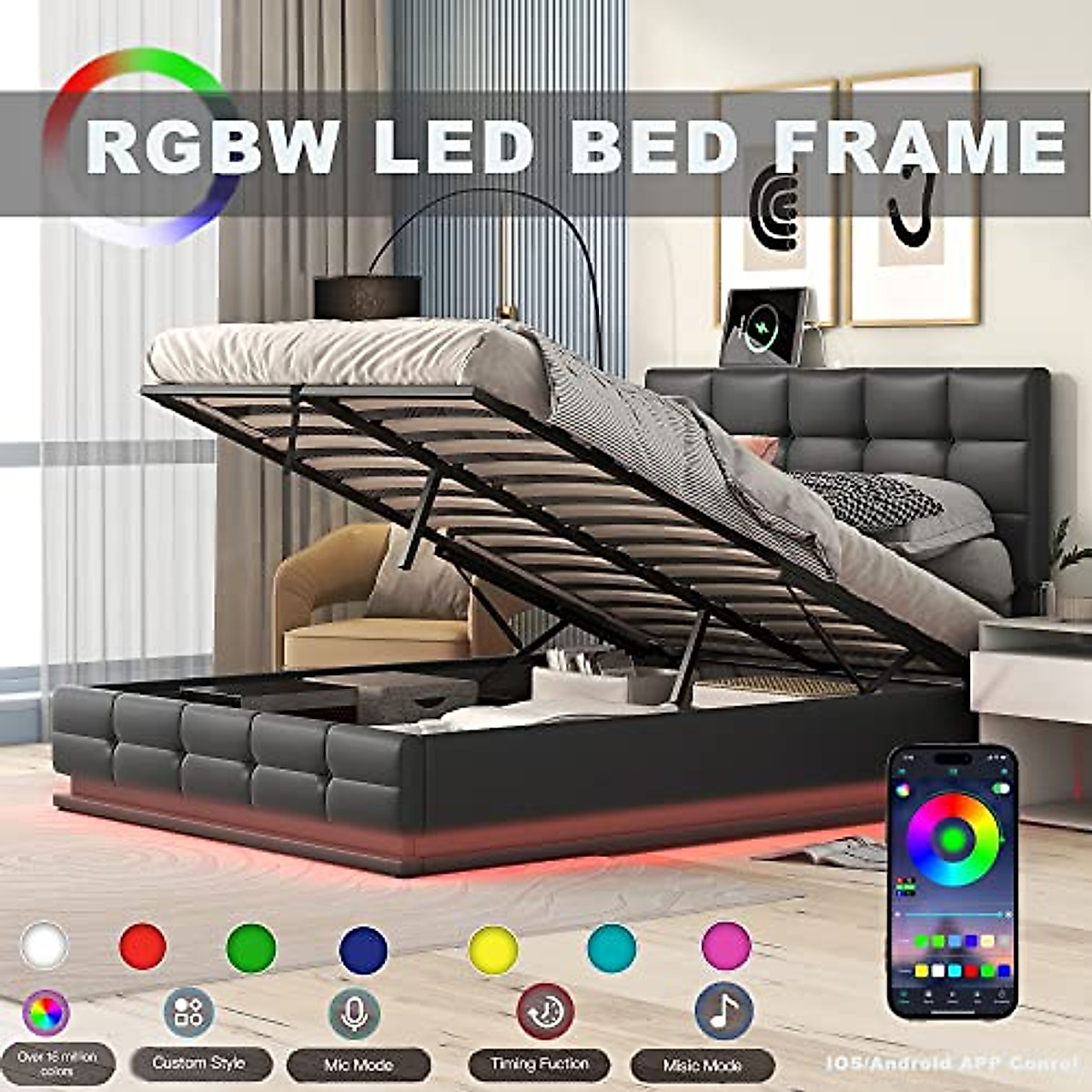 BIADNBZ Full Size Modern Platform Bed with Hydraulic Storage System and Headboard,Tufted PU Upholstered Bedframe with LED Lights and USB Charger for Bedroom,No Box Spring Needed, Black