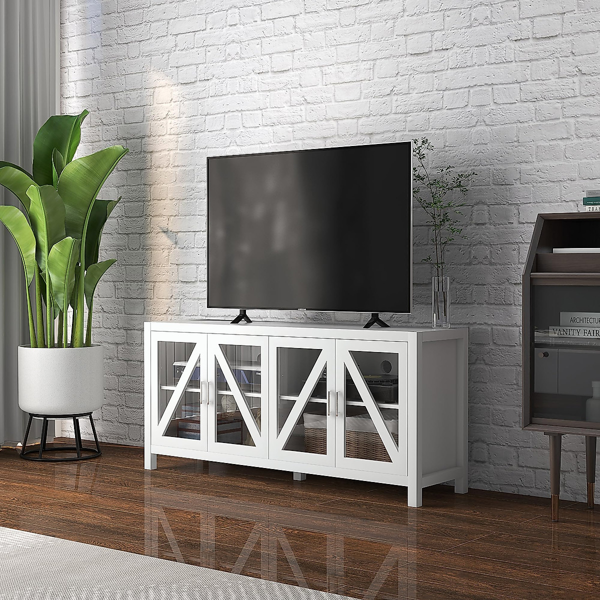 HOMCOM TV Cabinet Stand for TVs up to 58", Entertainment Center with Adjustable Shelves, 4 Glass Doors and 4 Cable Holes for Living Room, White