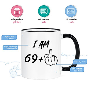 YHRJWN 70th Birthday Gifts for Women Men, I Am 69 Plus Middle Finger Coffee Mug, 70th Birthday Gifts Ideas for Friends, Grandma, Grandpa, Best 70 Year Old Gifts for Her Him, Novelty Cup, 11 Oz
