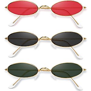 3 Pieces Vintage Oval Sunglasses Metal Frame Oval Sunglasses Slender Candy Color Glasses (Dark Green Lens, Grey Lens, Red Lens)