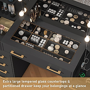 jiteentarou Glass Top Vanity Desk with Mirror and Lights, Large Vanity Makeup Mirror Desk with Charging Station Compartment Storage Drawers, Modern Makeup Vanity with 9 Drawers 6 Shelves, Black