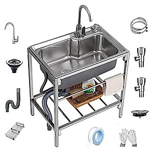 68 * 44cm Free Standing Kitchen Sink, Commercial Stainless Steel Single Sink Bowl Restaurant Table Utility Sink Washing Hand Basin w/ 360°Hot and Cold Faucet for Indoor Outdoor,68 * 44cm
