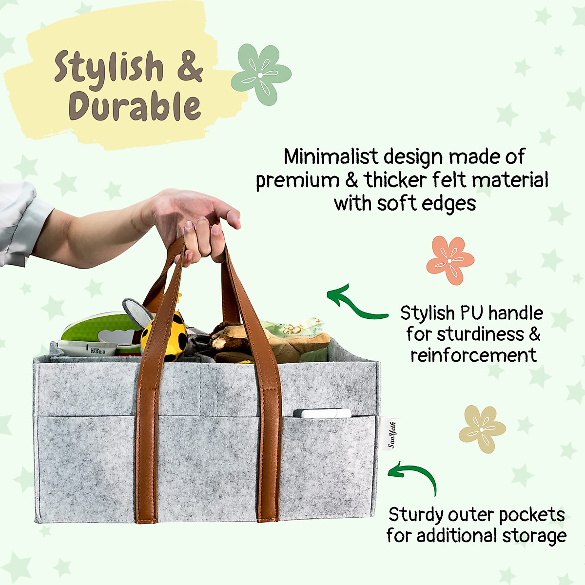 SanYeth Minimalist Grey Felt Diaper Caddy - Organizer Basket for Car, Nursery & Travel - 3 Compartment, Portable, Neutral Gift for Baby Boy or Girl