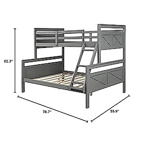GLORHOME Twin Over Full Bunk Bed, Solid Wood Bed Frame with Full Length Safety Guard Rails and Ladder, Classic Bedroom Furniture for Teens Adults,Can Be Converted into 2 Beds, Grey