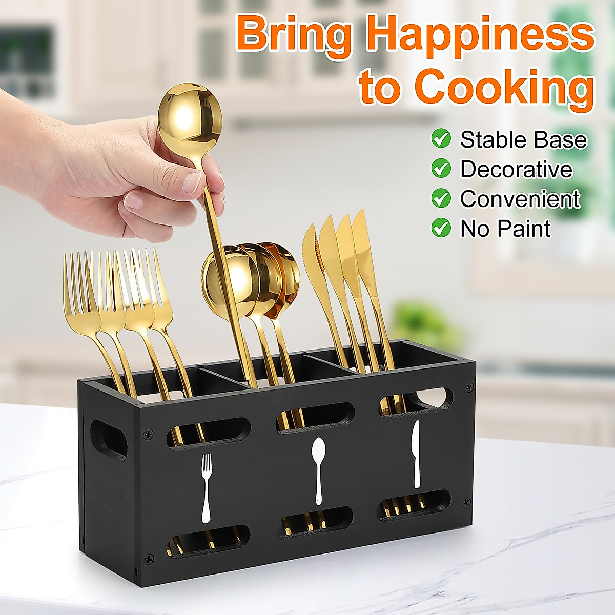 3 Compartment Wooden Kitchen Utensil Holder Organizer with 2 Adjustable Dividers,Silverware Organizer Farmhouse Utensil Caddy Crock for Counter Decor,Wall Mounted Kitchen Organizer and Storage Cutlery