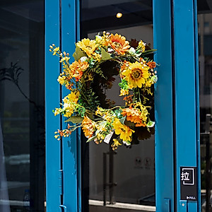 20 Inch Welcome Wreath for Front Door, Artificial Sunflower Garland Wreath Frame Welcome Sign with 8 Flowers and 8 Buds for Home Porch Garden Farmhouse Festival Decorations