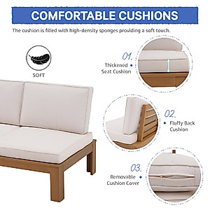SUNSITT 4 Piece Acacia Wood Patio Furniture Outdoor Sectional Sofa Set with Adjustable Armrest, FSC Certified L-Shaped Patio Set w/2-in-1 Coffee Table, Cream White Cushions for Garden