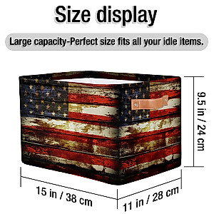 KOBLEN 4th Of July American Flag Wooden Storage Basket Collapsible Storage Cube Box Fabric Toys Storage Bins Large Organizer with Handles for Shelf Closet Bedroom Home Office