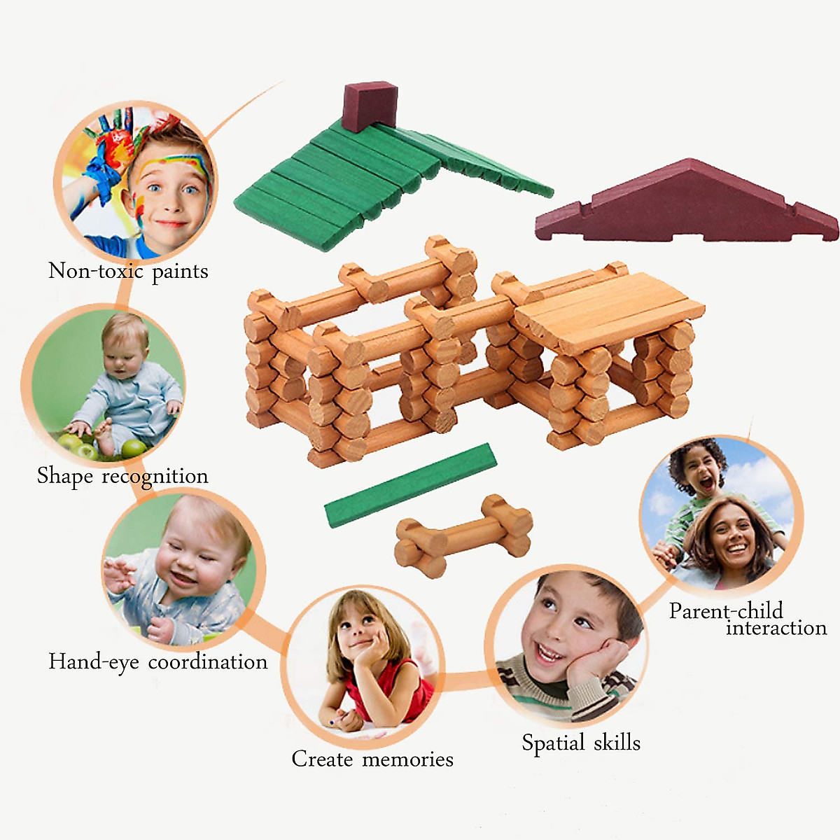 Wondertoys 90 Pieces Classic Wood Cabin Logs Set, Building Log Toy for Children, Farm House Construction Educational Toys for 3 4 5 6 Years Old