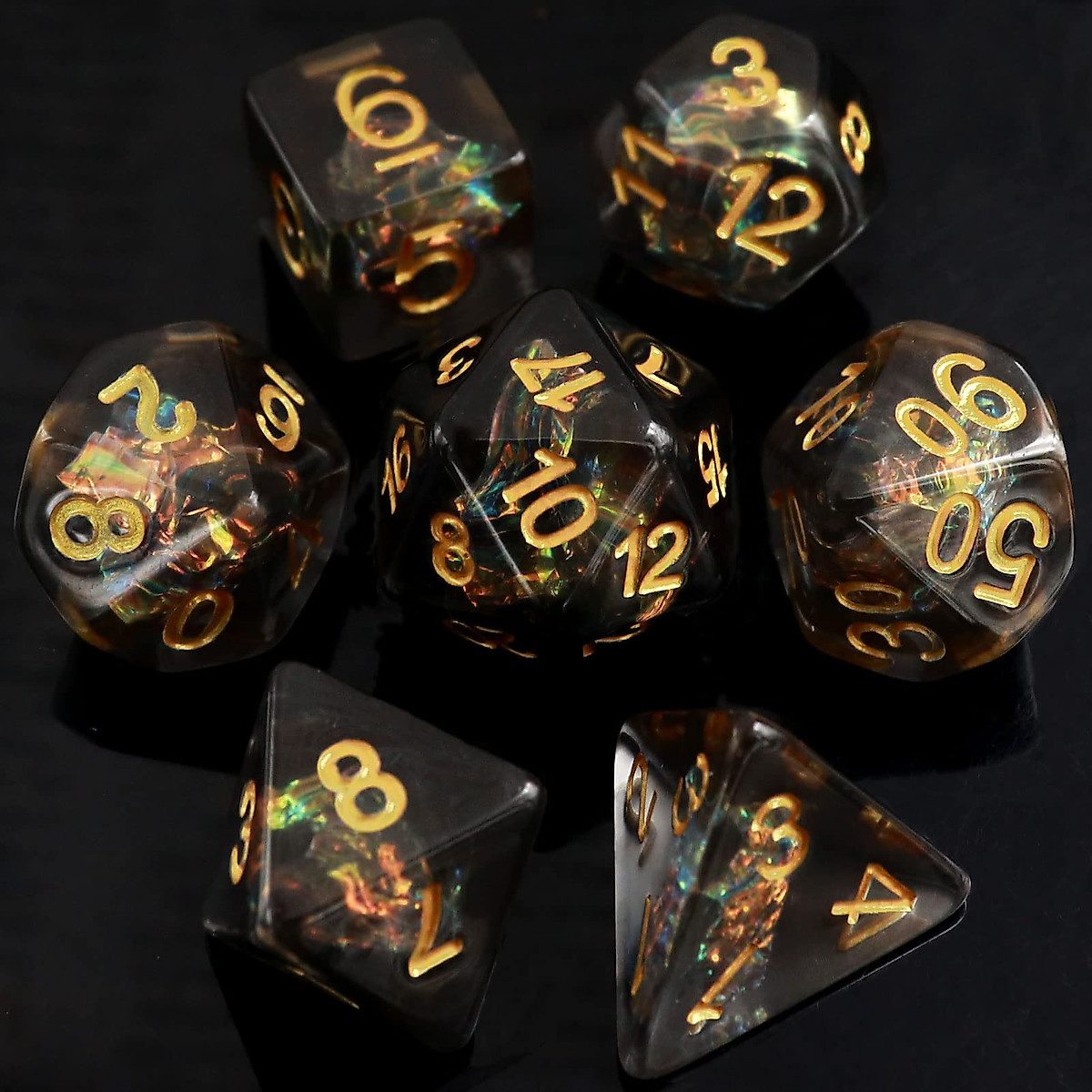 Haxtec Black DND Dice Set 7PCS Filled Resin Polyhedral D&D Dice W/Iridescent Mylar Inclusion Role Playing Dice Dungeons and Dragons Gift