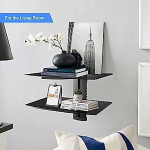 suptek Glass Floating Shelves, TV Wall Mount with Shelf for DVD Player / PS4 / Cable Boxes/Game Consoles/Sky Box/TV Accessories, Media Shelf, Flat Black Wall Mount Bracket, AV Shelf, 2 Tiers Shelves