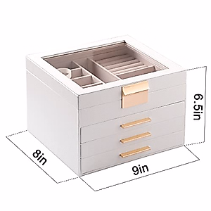 Frebeauty Clear Lid Jewelry Box,4 Layers Jewelry Organizer Large Multi-Functional Jewelry Storage Box with 3 Drawers,Jewelry Display Case of Rings Earrings Necklace Bracelets for Women Girls (White)