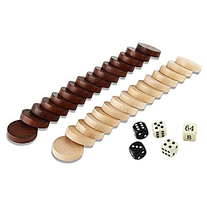 Amerous Wooden Checkers Pieces Nature Wood Backgammon Pieces with Drawstring Bag, 5 Dices Included