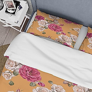 DESIGN ART Designart 'White and Red Roses On Mustard Background' Traditional Duvet Cover Set Full - Queen