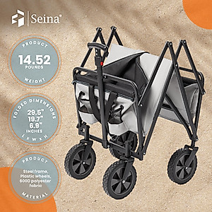 Seina Heavy Duty Steel Compact Collapsible Folding Outdoor Portable Utility Cart Wagon w/All Terrain Rubber Wheels and 150 Pound Capacity, Gray/Black