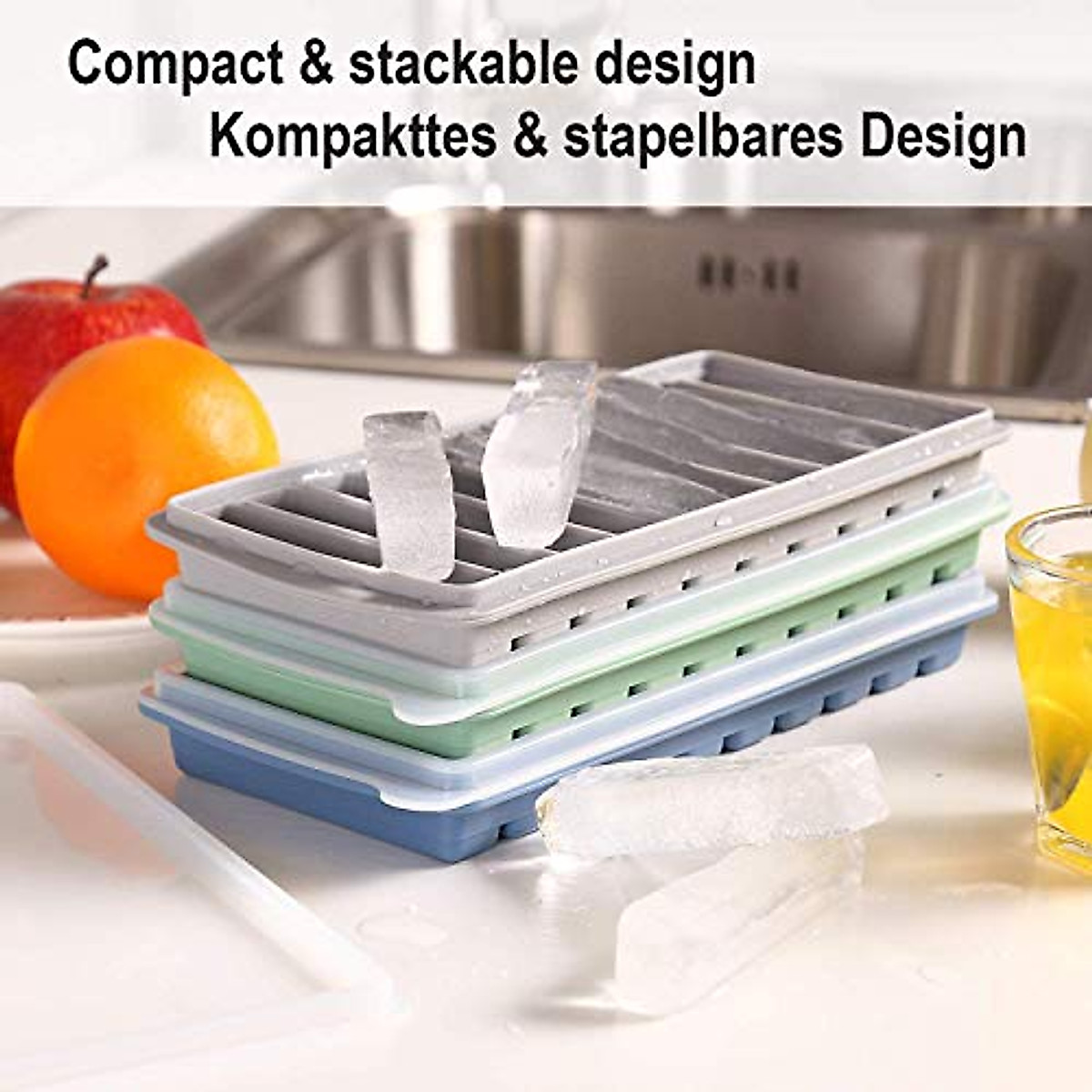 LessMo 3 PCS Ice Cube Tray, Long Ice Stick Tray Silicone with Lid, Rectangular Narrow Stick, Reusable, Flexible, Easy Release, for Small Mouth Sport Bottles, Juice Bottles, Cocktail Parties