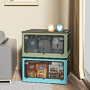 ANMINY Lidded Plastic Storage Bin 5-Door Collapsible Stackable Portable Crate Clear Storage Box Container Basket with Wheels Handles Lid for Outdoor Grocery Travel Car Truck Use - Green, Large