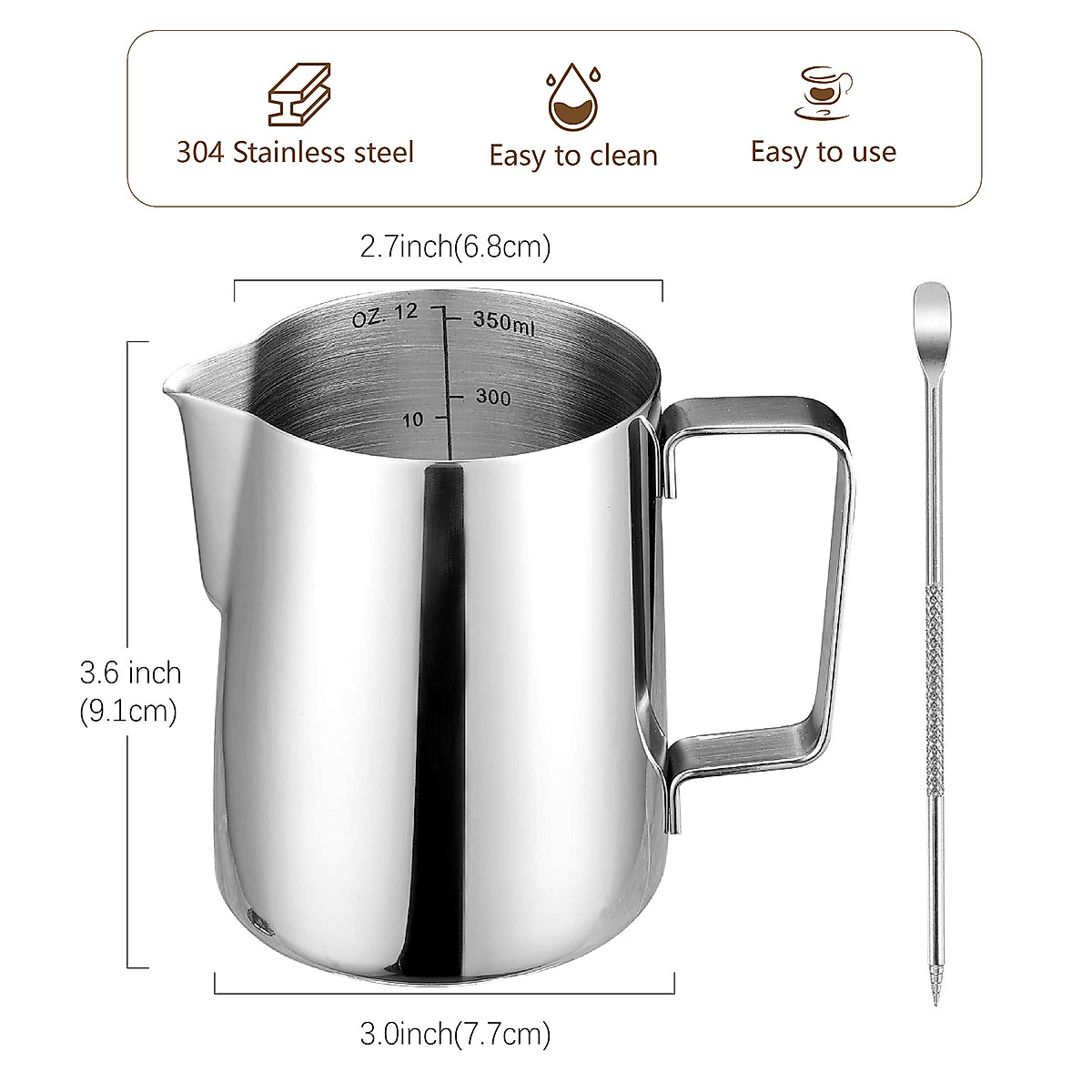 Seninhi Milk Frothing Pitcher Jug Coffee Spoons Frother Steamer Cup Foam Making - Suitable for Espresso - Latte Art Chai Cappuccino Hot Chocolate - Stainless Stee