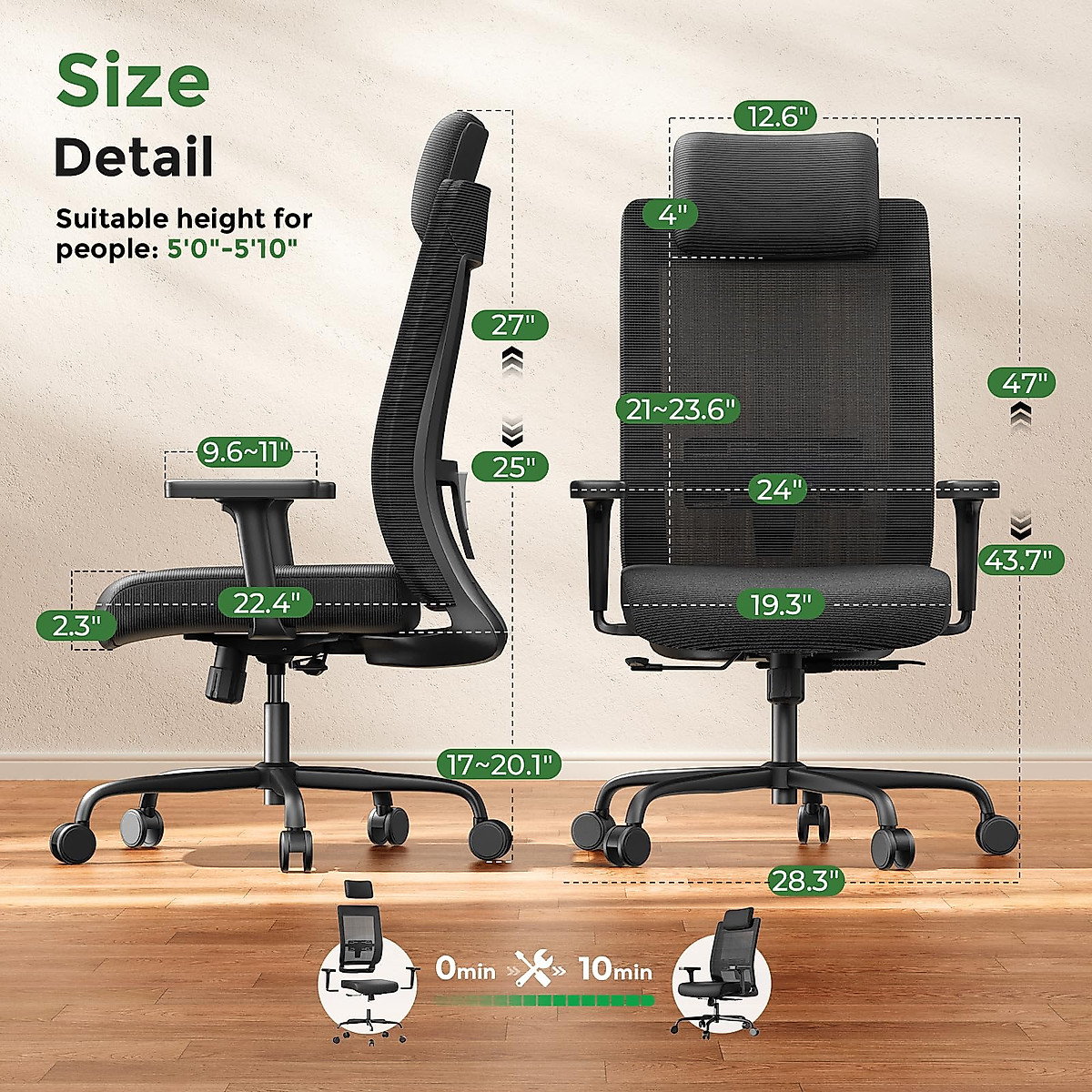 Ergonomic Office Chair 350LBS Capacity - 90-135° Any Angle Tilt Lock High Back Computer Desk Chairs, with Adjustable Lumbar Support, PU Armrests, Big Headrest for All Day Comfortable Sitting