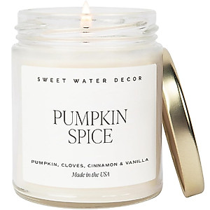 Sweet Water Decor Pumpkin Spice Candle - Fall Candles with Pumpkin, Clover, Cinnamon & Vanilla Scent for Home - Pumpkin Candle with 40 Hours Burn Time - 9Oz Gold Lid Clear Jar Pumpkin Soy Candles