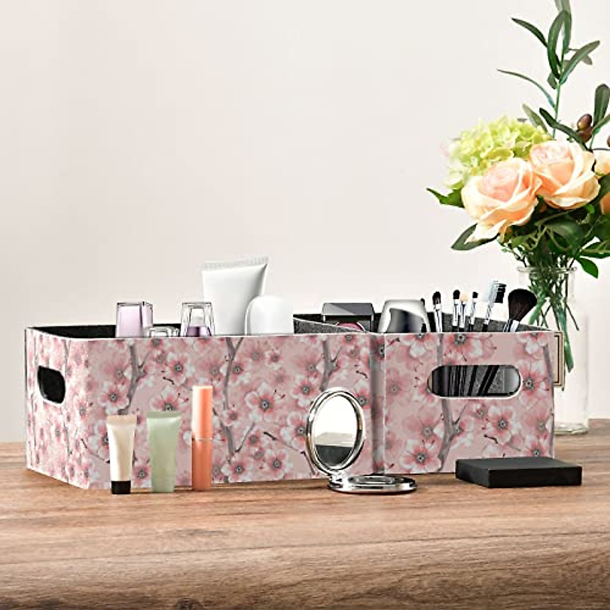 J JOYSAY Pink Floral Storage Basket Felt Storage Bin Collapsible Felt Storage Toy Chest Organizer for Kids Bedroom Magazine