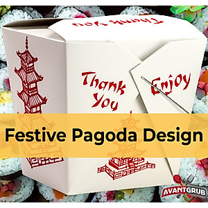 Avant Grub Food Storage Container, Greaseproof Chinese Take Out Box With Chopsticks. 25pk Large Food Containers With 50pk Sleeved and Separated Bamboo Chop Sticks, 32 Oz