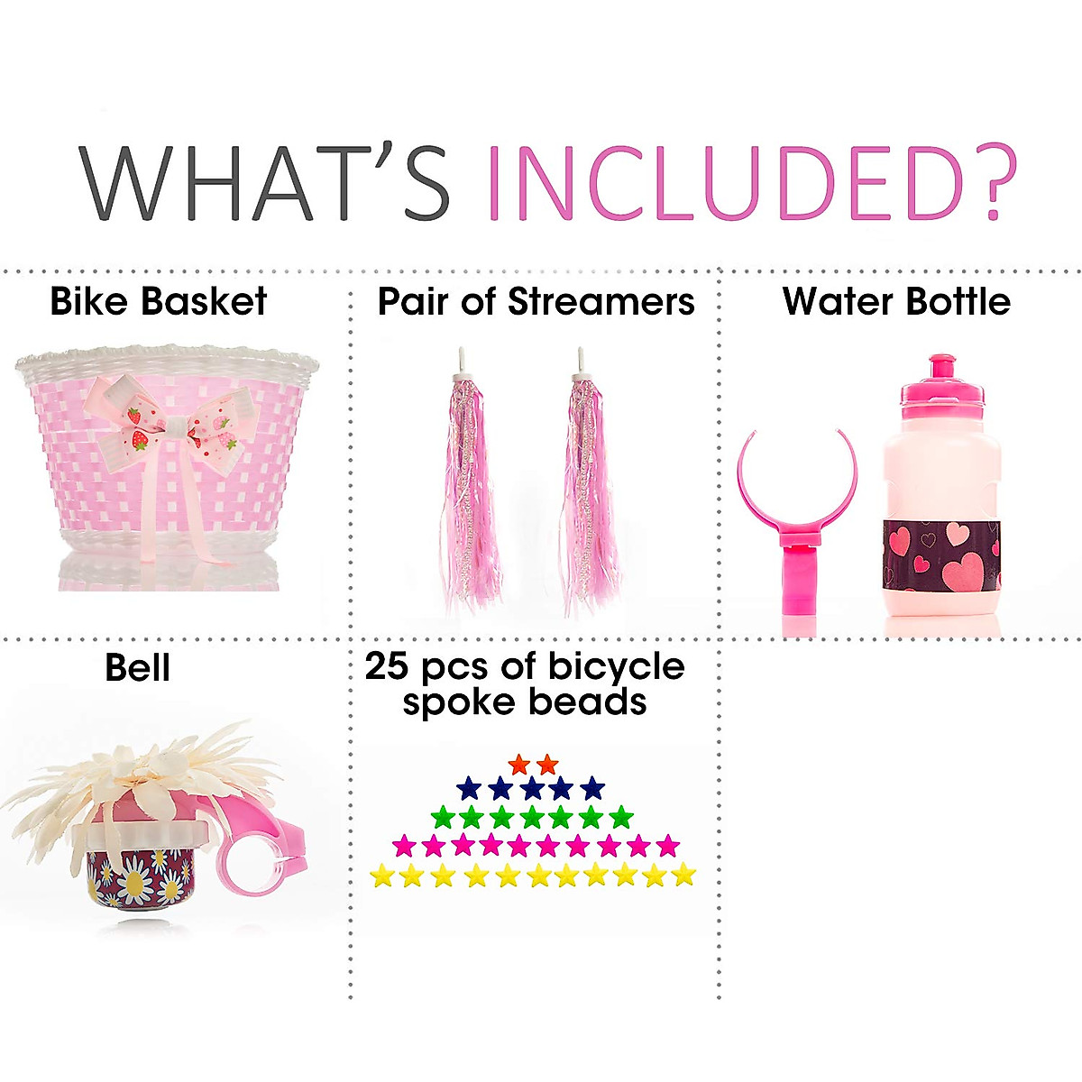 Girl’s Bicycle Decorations Set - Fun Bicycle Decor w/Beads, Rear View Mirror, Mounted Water Bottle, Handlebar Streamers & Basket - Complete Bike Decoration for Kids