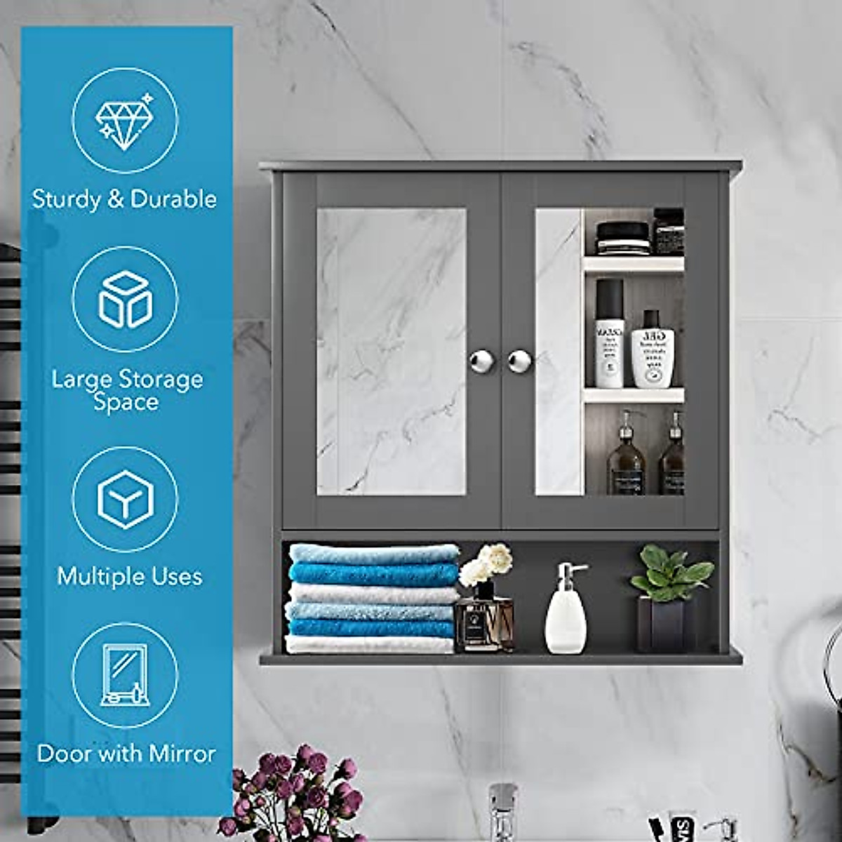 DORTALA Mirrored Bathroom Cabinet, Wall Mounted Medicine Cabinet w/Double Mirror Doors & Adjustable Shelf, Multipurpose Storage Cabinet Home Organizer, Grey
