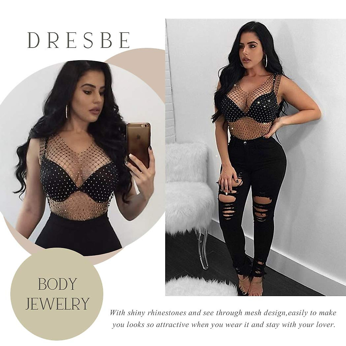 DRESBE Rhinestone Mesh Body Chains Hollow Tank Tops Bikini Crop Top Party Body Jewelry Accessories for Women and Girls (Black-V Neck-L)