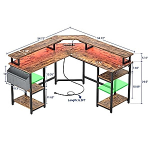 Aheaplus L Shaped Gaming Desk with Power Outlets & LED Lights, Corner Computer Desk with Monitor Stand and Storage Shelf, Home Office Writing Desk with Storage Bag, Rustic Brown