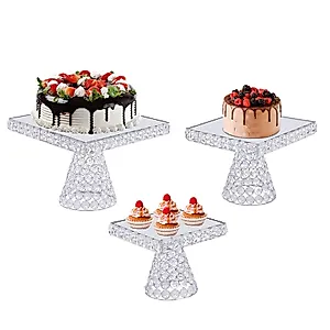 3pcs Crystal Cake Stand, Mirror Cake Tray Dessert Cupcake Pastry Candy Display Plate for Christmas Wedding Event Party Decoration (Silver)