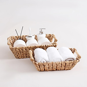 LONGERO Handcrafted Water Hyacinth Basket, Hand Woven Wicker Shelf Basket for Storage, Organizing and Decoration, Rectangular, with Straight Wooden Handles, 1 Pack (Large)