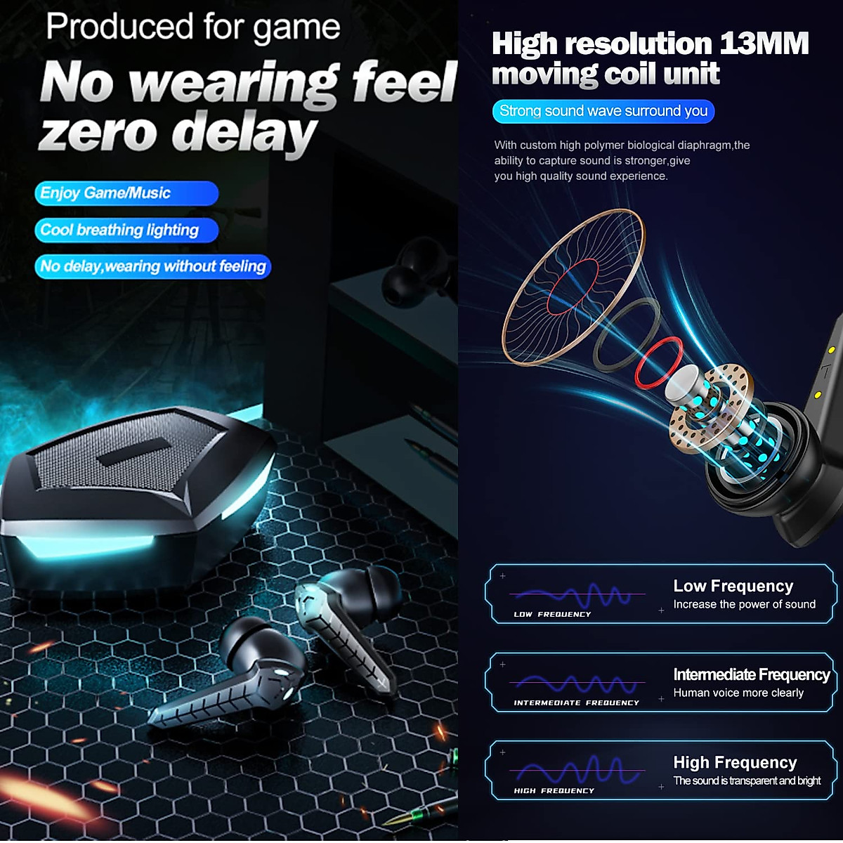 SGNICS Bluetooth 5.2 Wireless Earbuds Gaming Headphones for Microsoft Surface Duo, Low Latency with Cool Lights, True Wireless Gaming Headset Music/Gaming Mode - Black