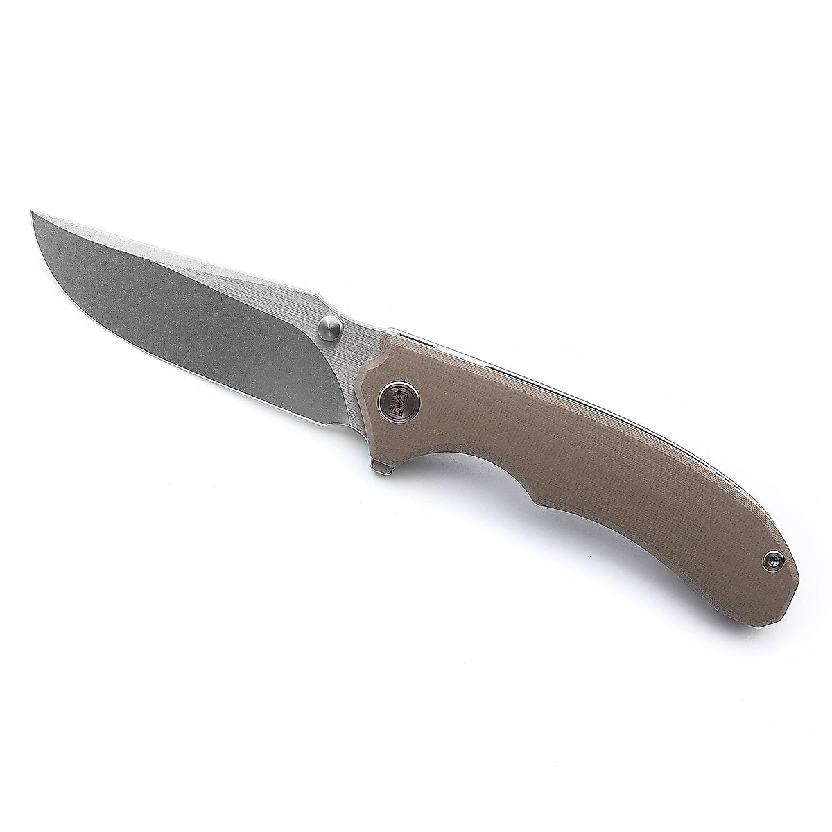 Miguron Knives M Centurion Flipper Folding Knife,3.5" 14C28N Stonewash Blade Tan G10 Handle With Titanium Pocket Clip,Camping Hiking Pocket Knife MGR-812TN