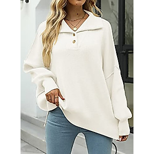 LILLUSORY Women's Long Sleeve Button Up Drop Shoulder Sweaters 2023 Fall Oversized Slit Side Knit Pullover Sweater White